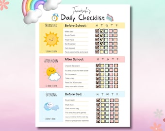 Kids Daily School Checklist Schedule Printable, Editable Chore Chart ...