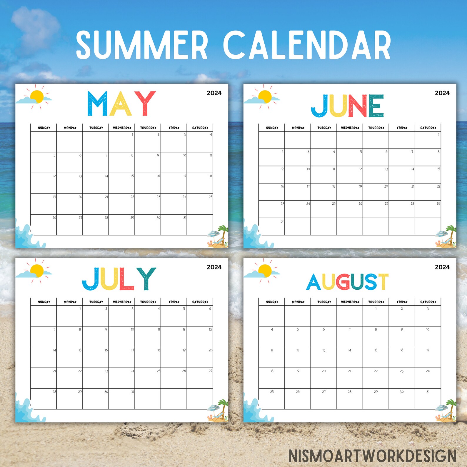 Editable SUMMER Calendar Bundle | 2024 Summer Calendar | Checklist ...