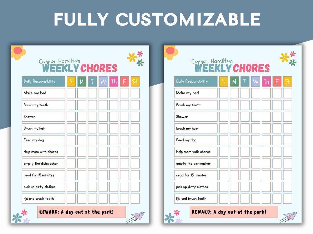 Editable Weekly Chore Chart | Printable Weekly Checklist for Kids ...