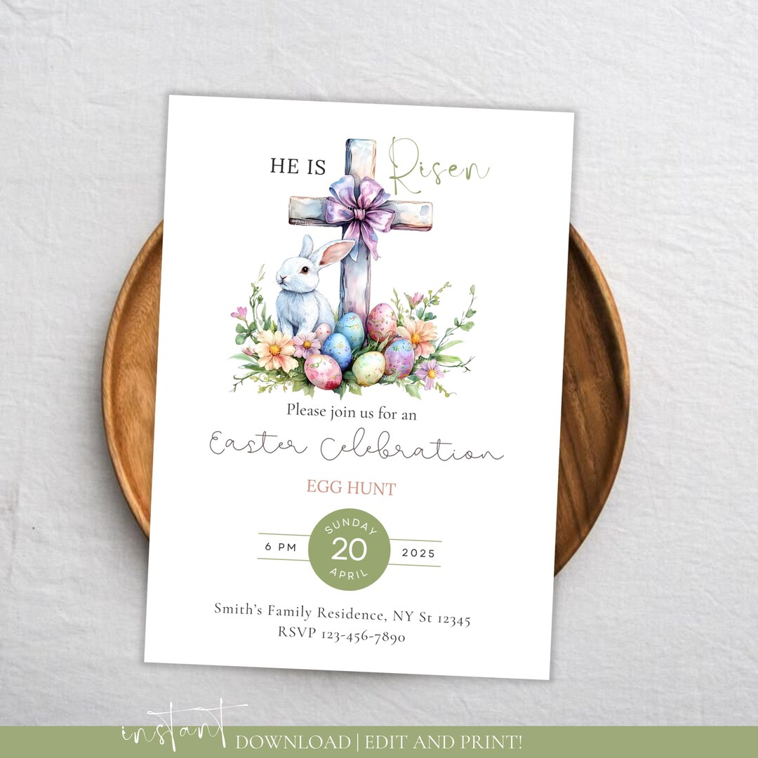 Easter Editable Invitation He is Risen | Religious Easter Invitation ...