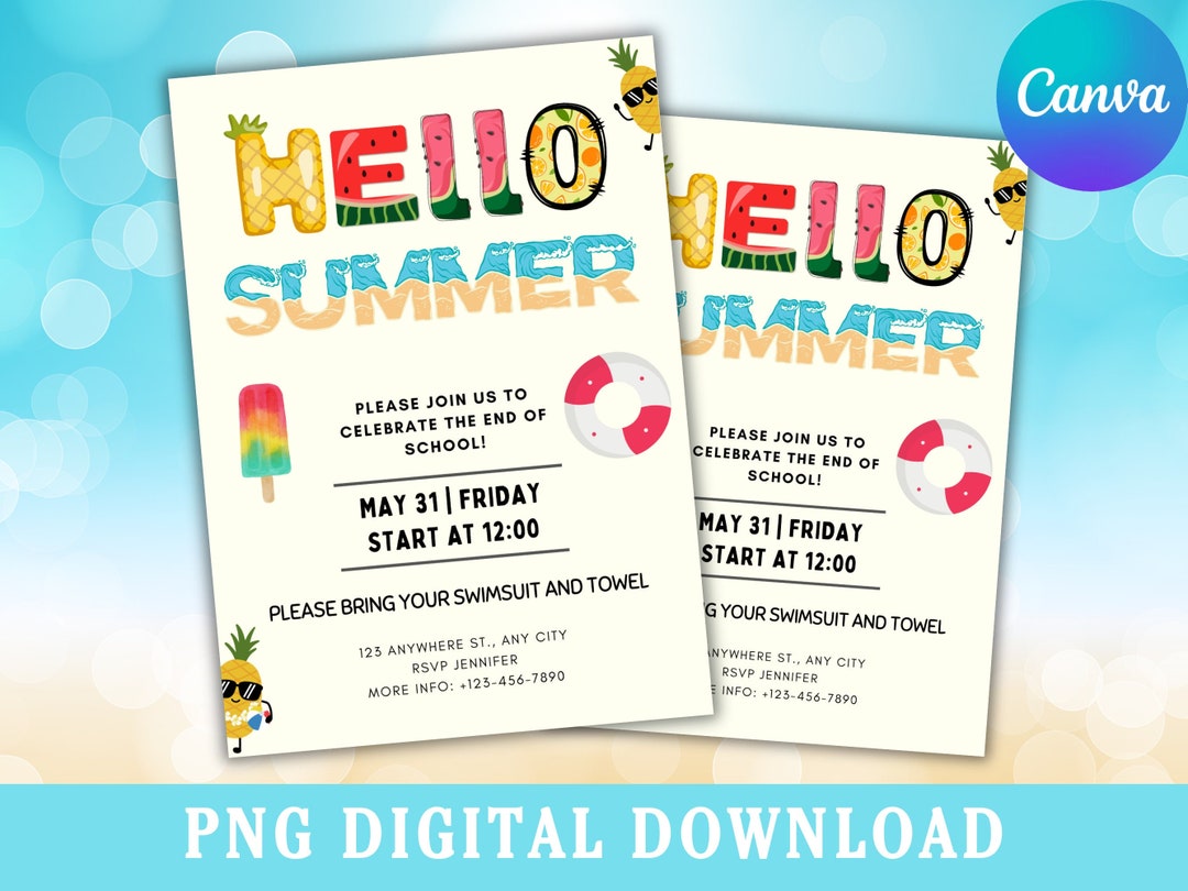 Hello Summer Digital Invitation | Fully Editable | End of Year Party 5 ...