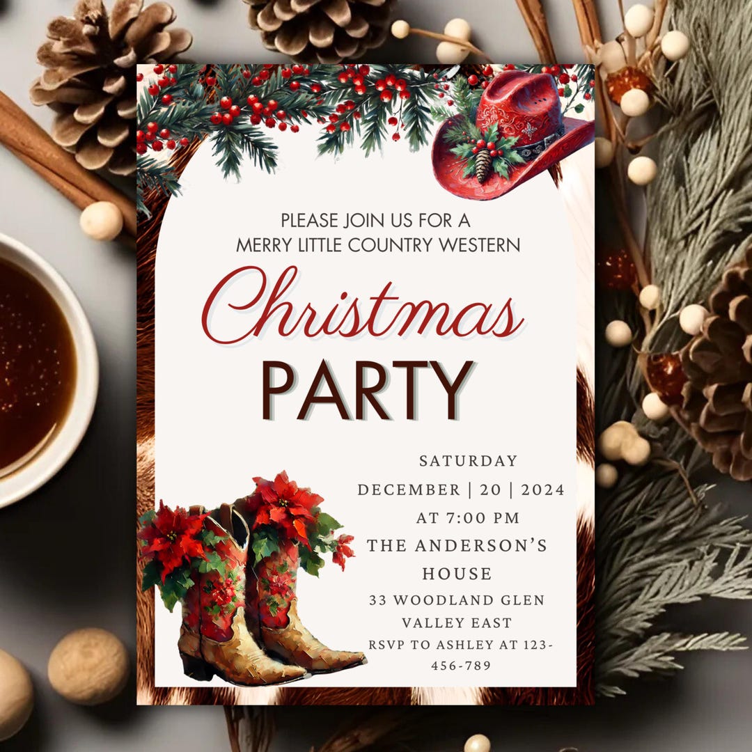 New! Editable Western Christmas Party Invitation Template | Cowboy ...