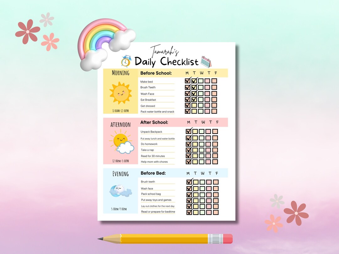 New! Kids Daily School Checklist Schedule Printable, Editable Chore ...
