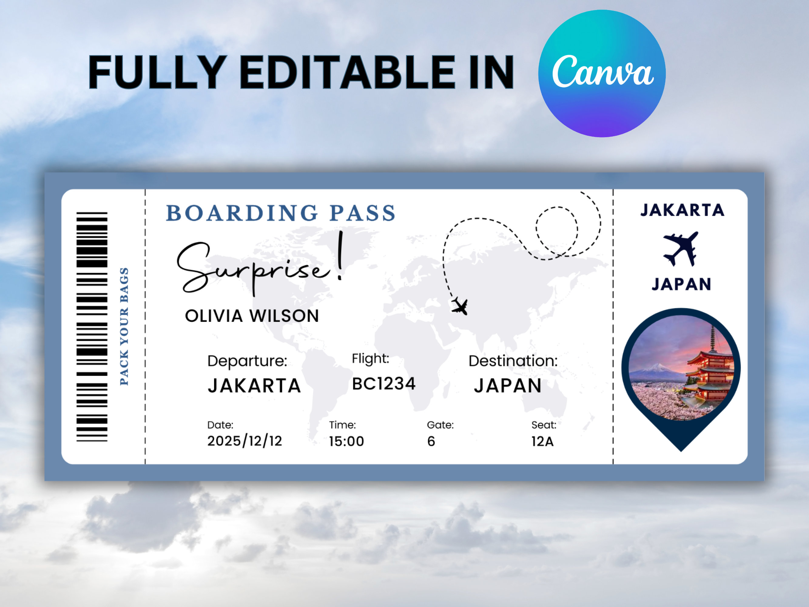 Editable Plane Ticket Template Personalized Airline Ticket Canva ...