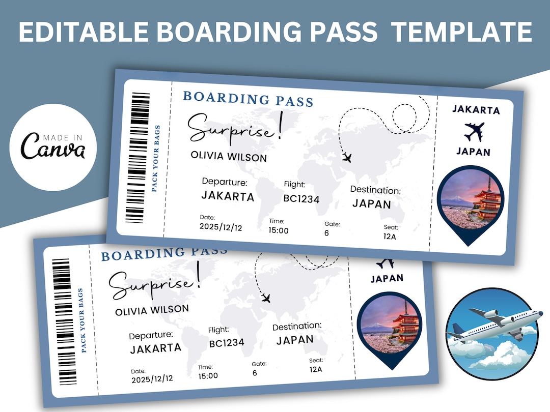 Editable Plane Ticket Template | Personalized Airline Ticket | Canva ...