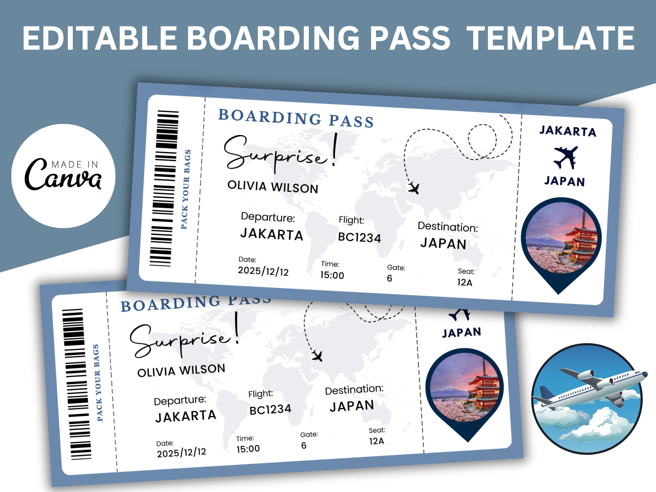 Editable Plane Ticket Template | Personalized Airline Ticket | Canva ...