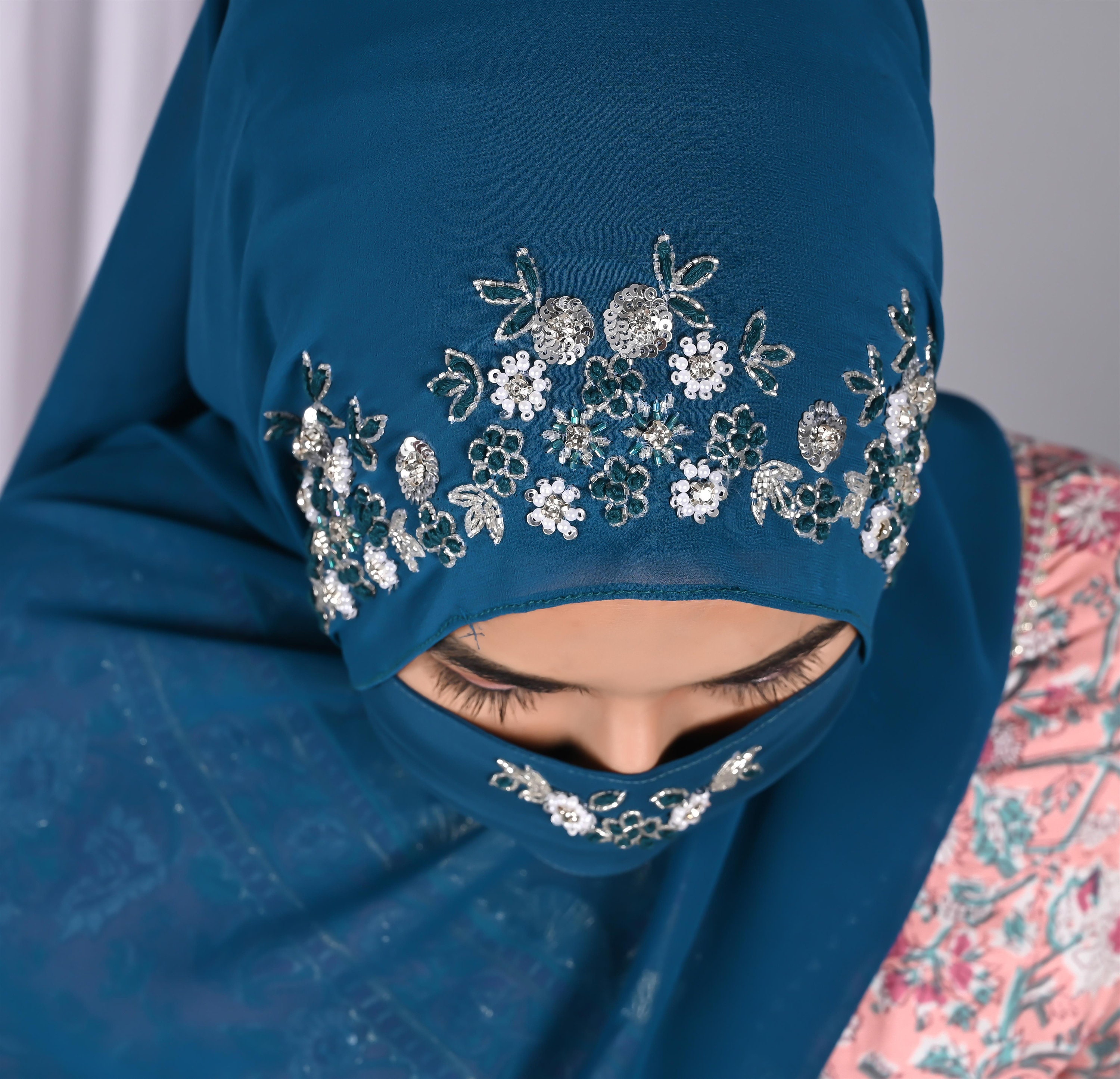 Teal Handwork Wedding Bridal Hijab With Matching Mask - Etsy