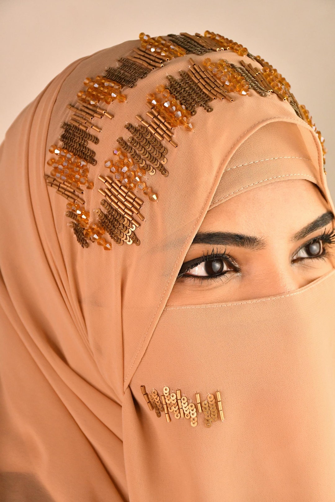 Beige Handwork Bridal Hijab With Matching Mask - Etsy