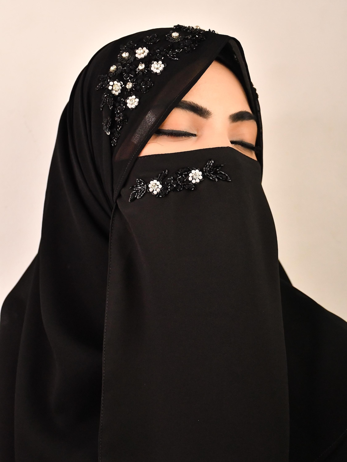 Black Luxury Handwork Hijab With Matching Naqab - Etsy