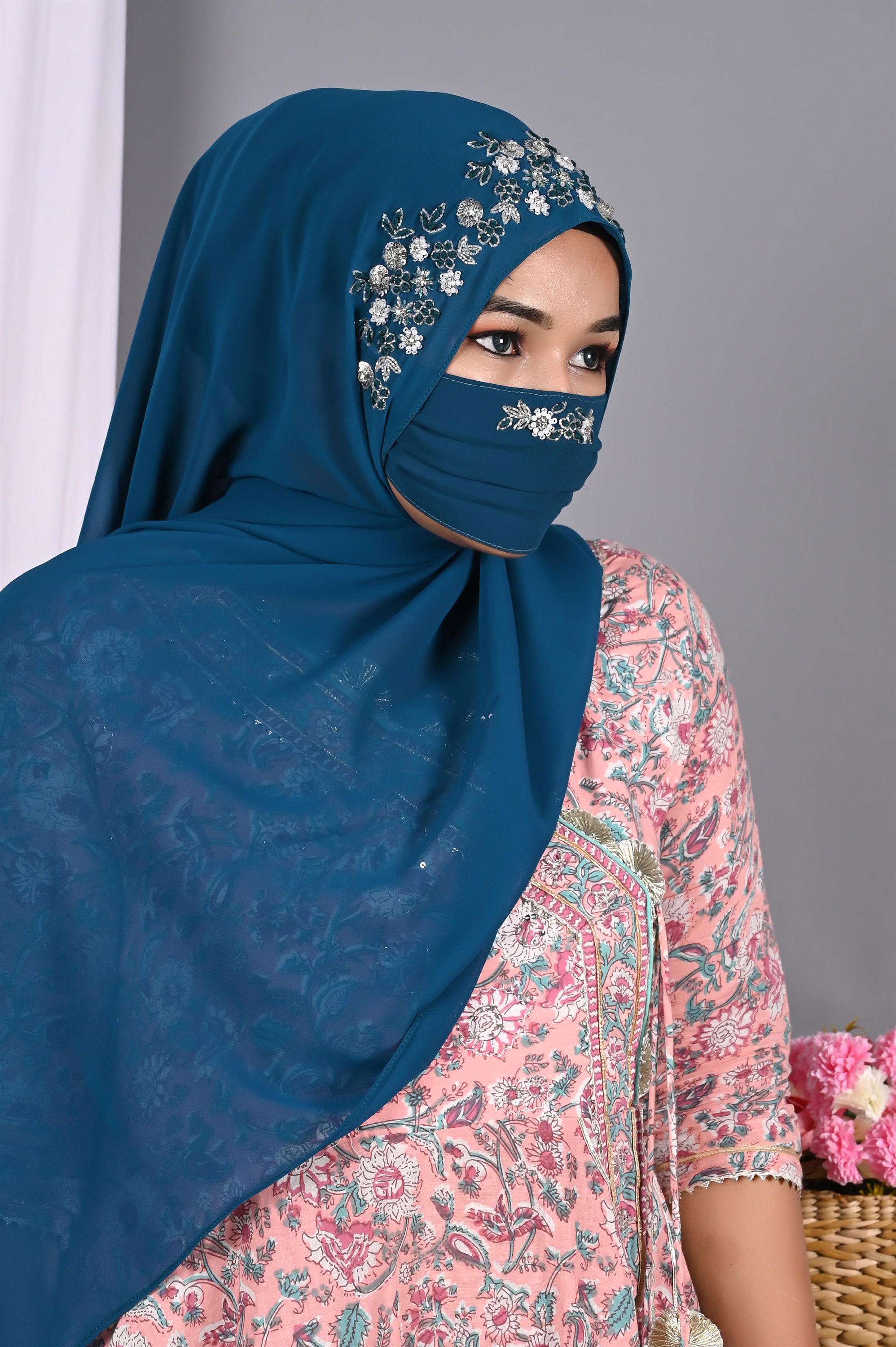 Teal Handwork Wedding Bridal Hijab With Matching Mask - Etsy