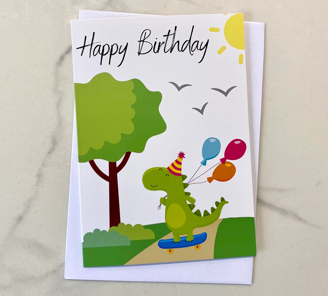 Dinosaur Birthday Card, Cute Dino Card, Kids' Dinosaur Birthday Card ...