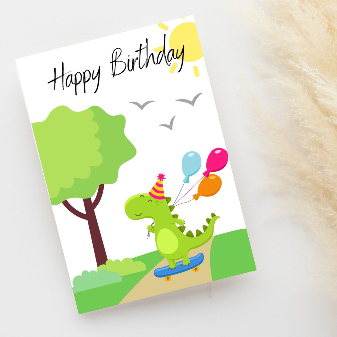 Dinosaur Birthday Card, Cute Dino Card, Kids' Dinosaur Birthday Card ...