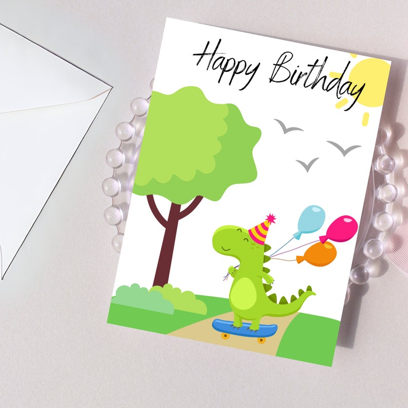 Dinosaur Birthday Card, Cute Dino Card, Kids' Dinosaur Birthday Card ...