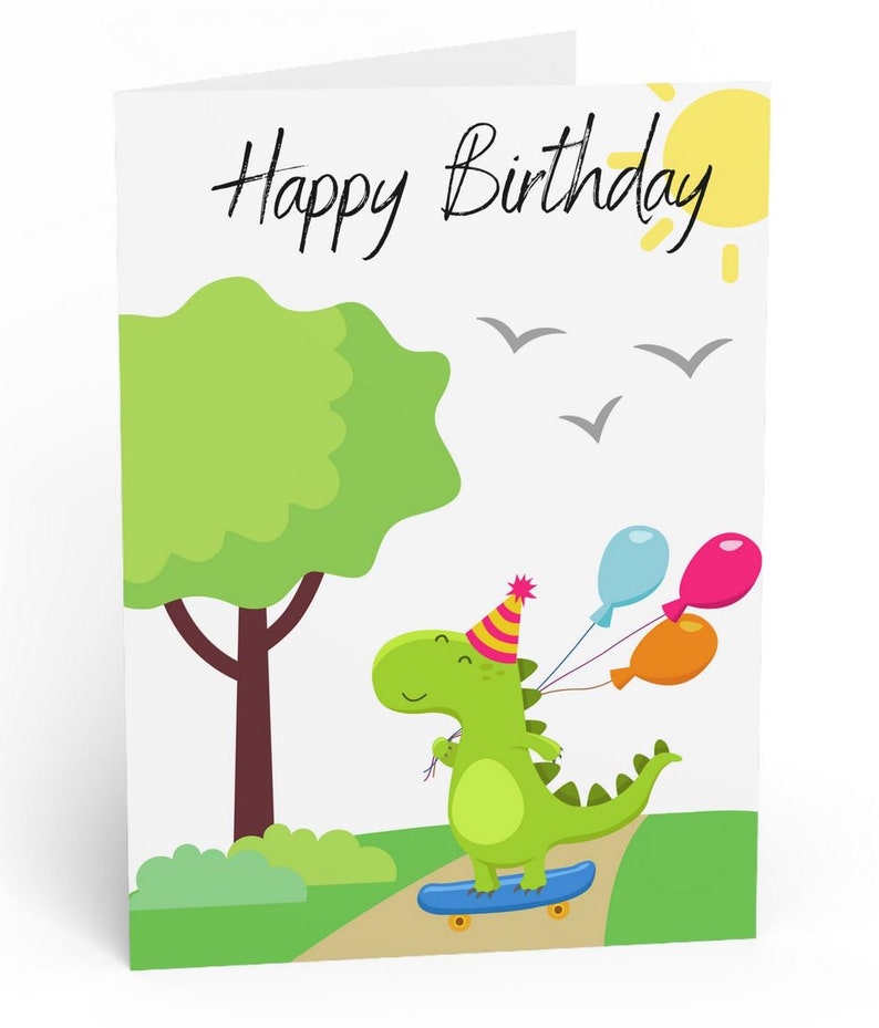 Dinosaur Birthday Card, Cute Dino Card, Kids' Dinosaur Birthday Card ...