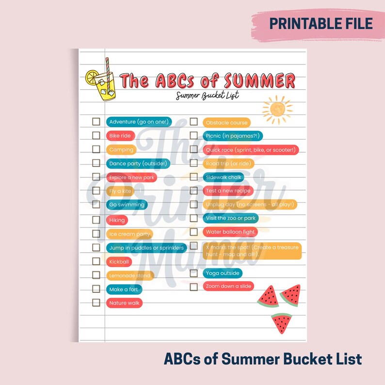Abcs of Summer Printable | Kids Summer Bucket List A-Z Activities | Fun ...