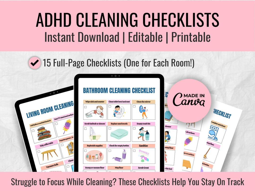 15-page Editable ADHD Cleaning Checklist, Visual Routine Cards, Custom ...
