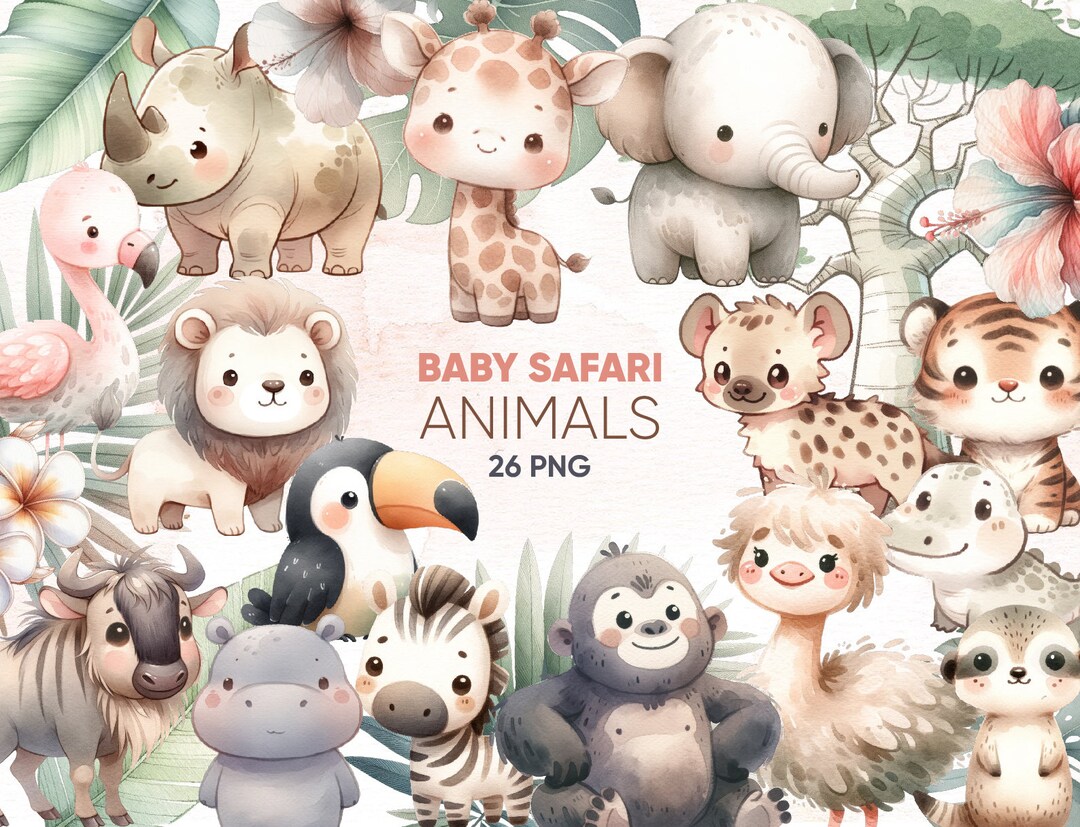 X26 Baby Safari Animals Clipart Watercolor Clipart, Baby Shower, Lion ...