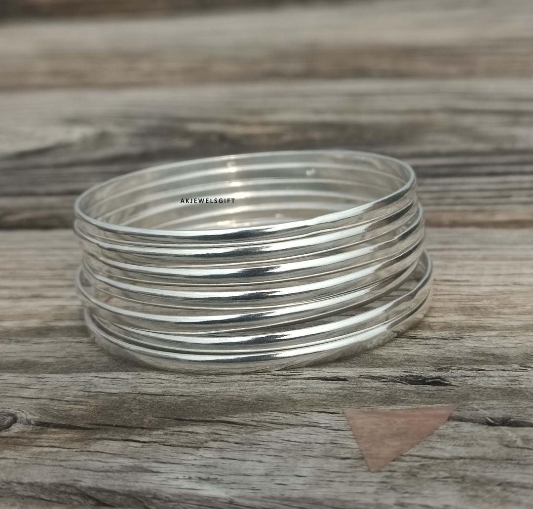 925 Sterling Silver Bangles, Round Wrist Stack, Set of 7 Bangles ...