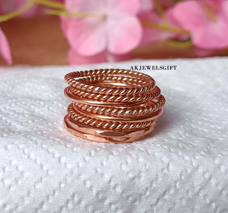 Pure Copper Stacking Rings - Copper Set of 8 Stacking Rings - Simple Copper Hammered and Twist ...