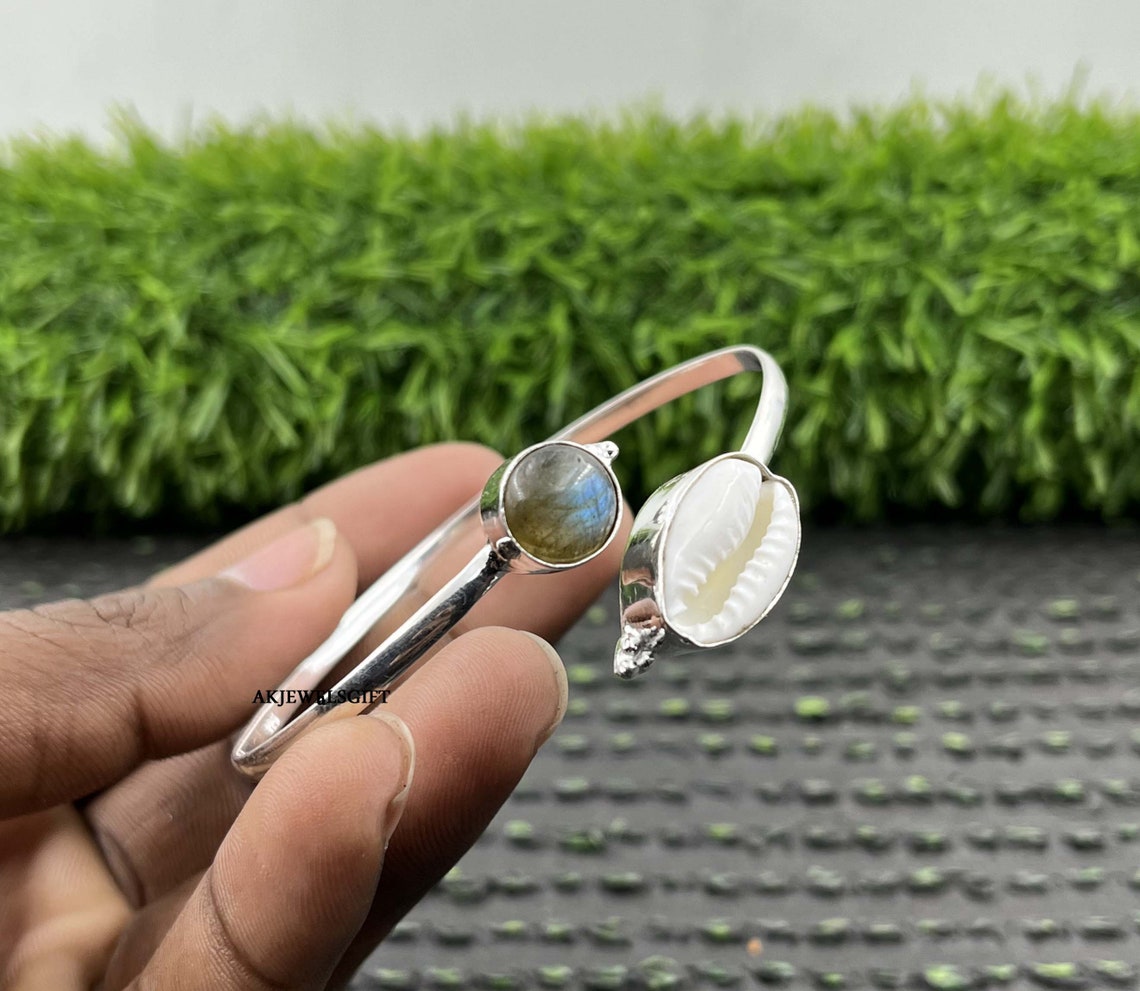 Labradorite Bangle, Cowrie Shell Bangle, Handmade Bangle, 925 Silver ...