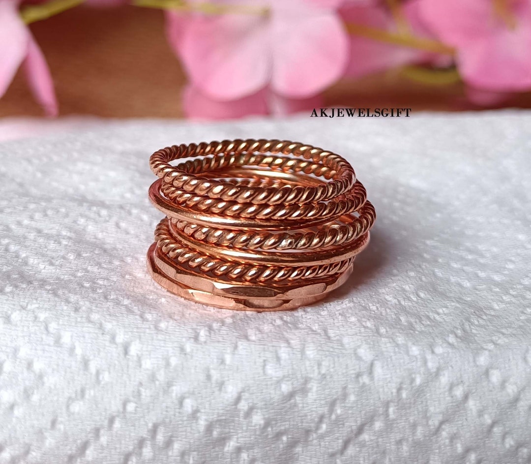 Copper Set of 8 Stacking Ring Copper Stacking Rings Simple Copper Hammered and Twist Bands Solid Copper Ring Gift for Her Boho Ring Etsy