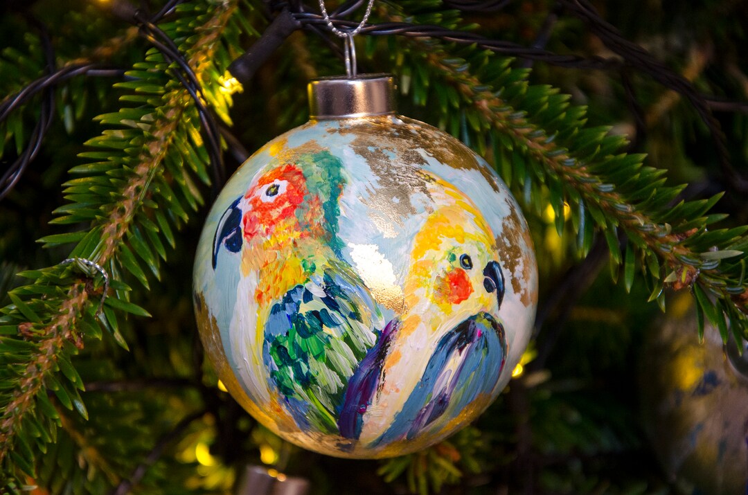 Christmas Handpainted Ball parrots in Love - Etsy