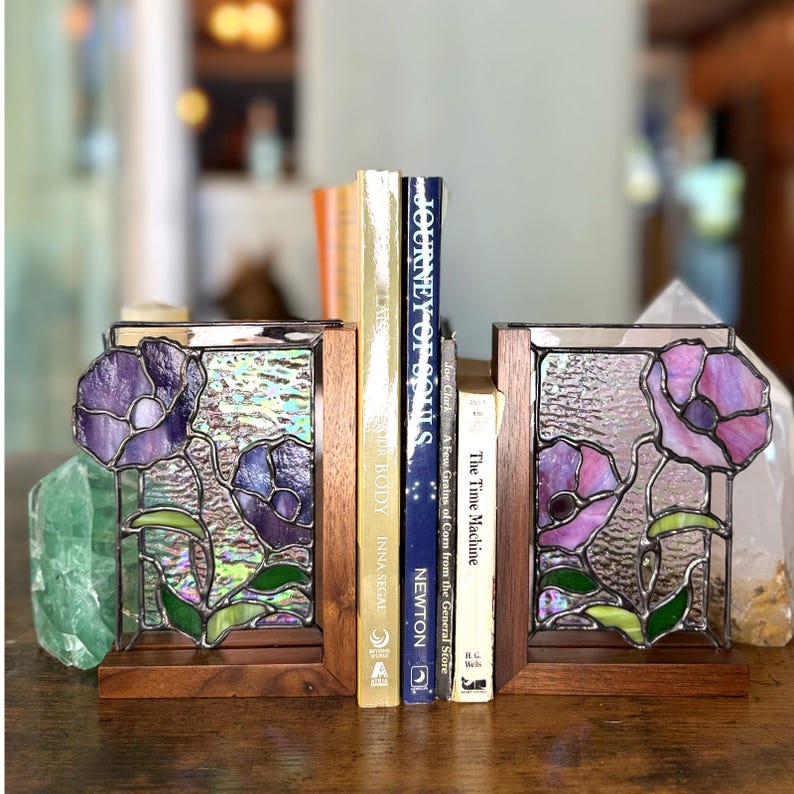 Floral Stained Glass Bookends – Pink / Purple Poppy Design | Handmade Home Decor Gift for Mother ...