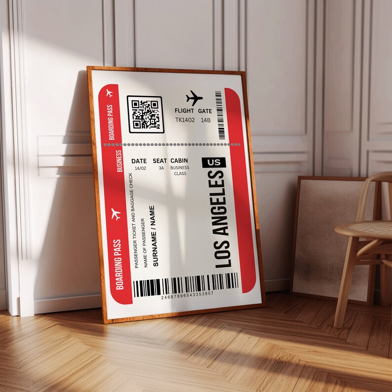 Los Angeles Flight Red Ticket Poster,aviation Wall Art Print,airline ...