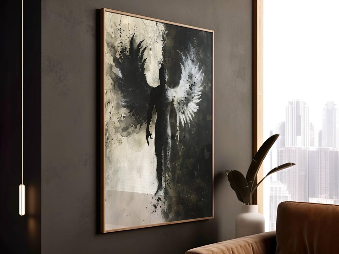 Light and Dark Angel Wall Art, Abstract Angel Silhouette Print, Modern ...