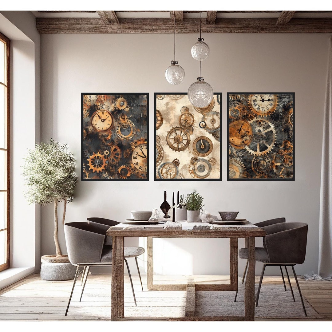 Steampunk Wall Decor Set 3 Posters: Featuring Clock Gears and Images ...