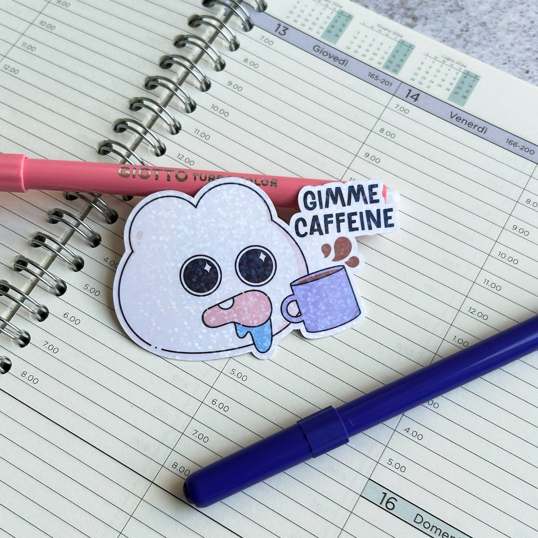Gimme Caffeine Bunny Holographic Die Cut Sticker | Cute Stationery ...