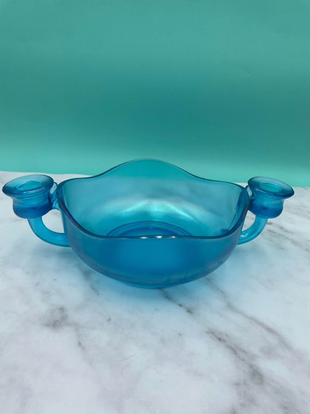 Diamond Glass Diamond Harding Glass Two Light Candle Bowl Iridescent Blue Stretch Glass Double