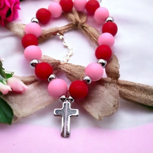 Pink, Silver and Red Cross Bracelet - Etsy