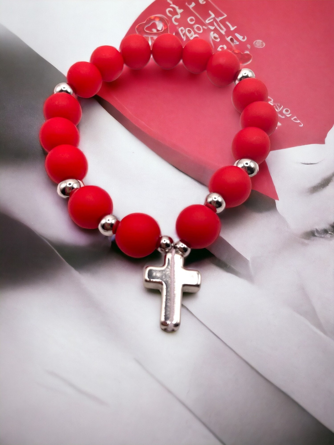 Red Cross Bracelet Gift for Her Red Beaded Bracelet Handmade Gift Cross ...