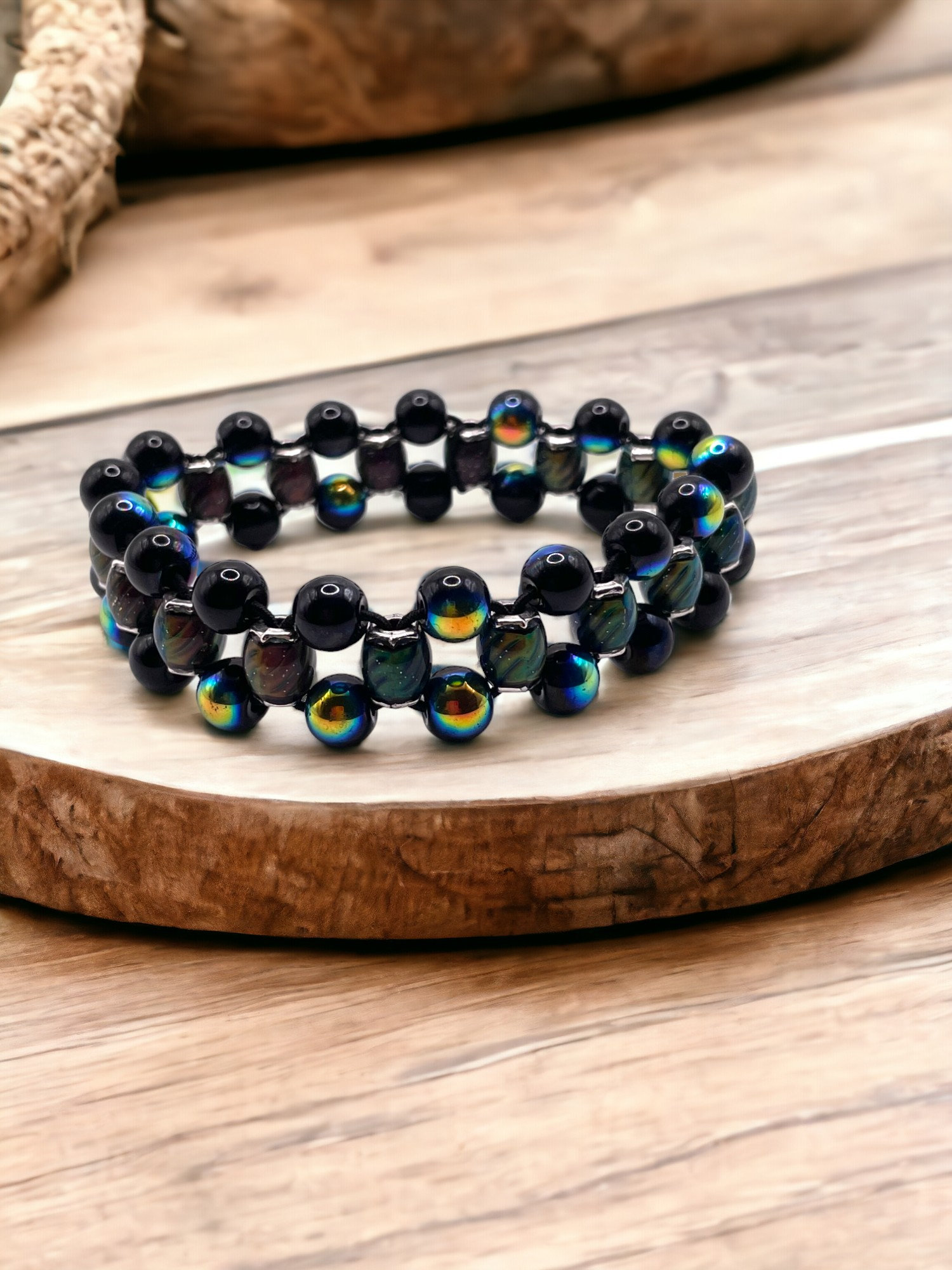 Black Double Shell Mood Bead Bracelet, Gift for Him, Stretch Bracelet ...