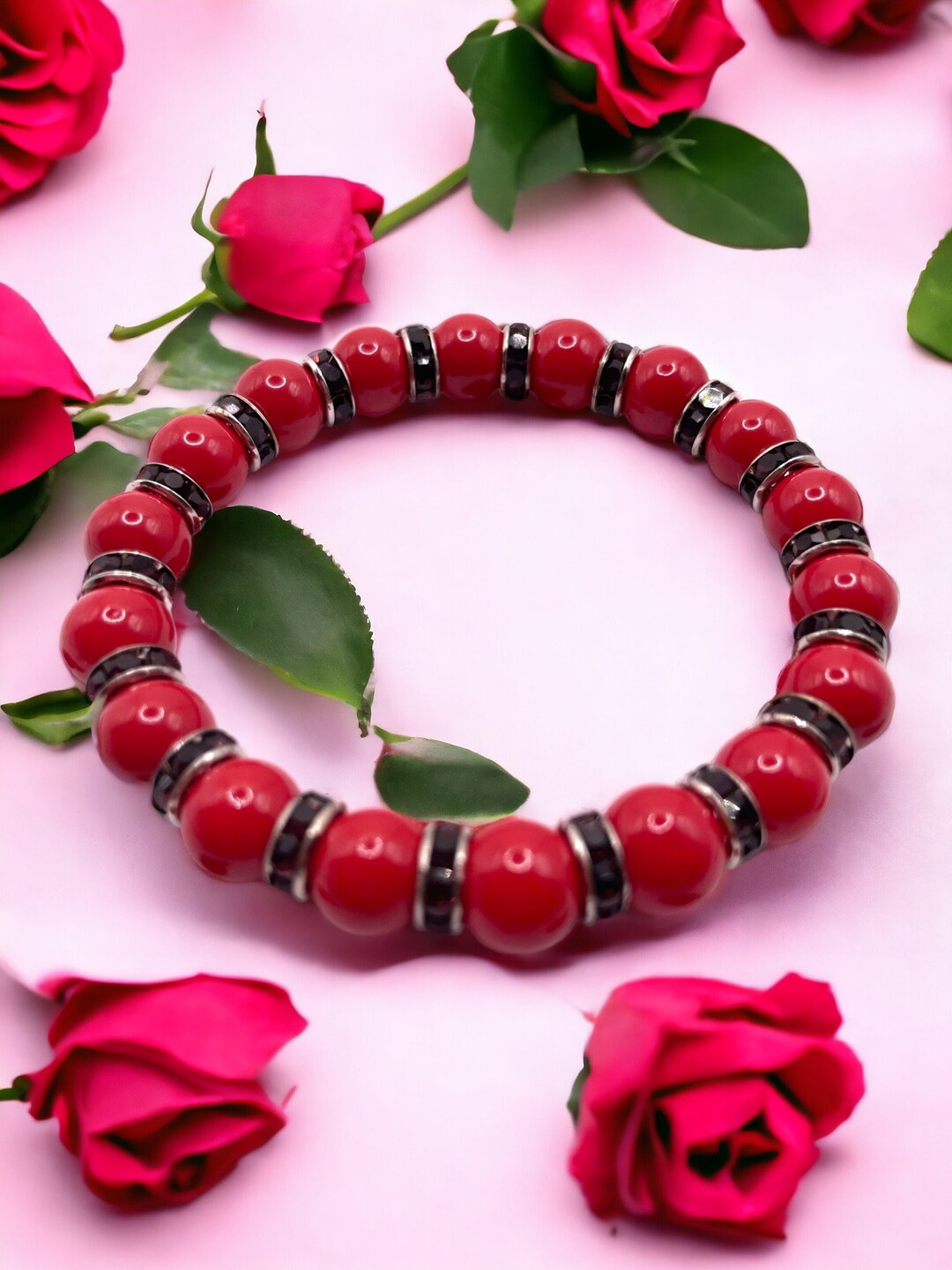 Red and Black Beaded Bracelet, Valentine's Gift, Stretch Bracelet, Gift ...