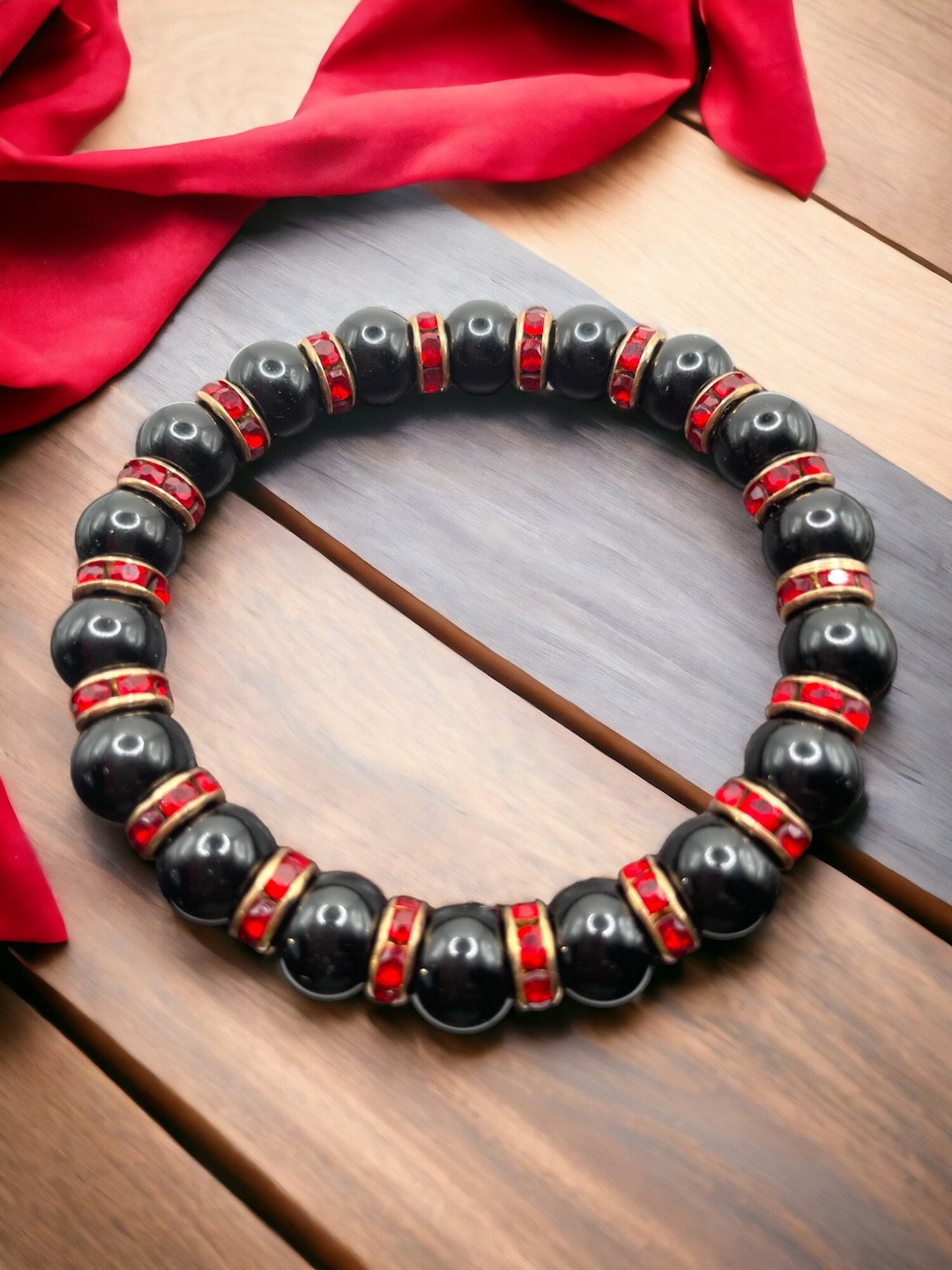 Black and Red Beaded Bracelet-8mm, Valentine's Gift, Stretch Bracelet ...