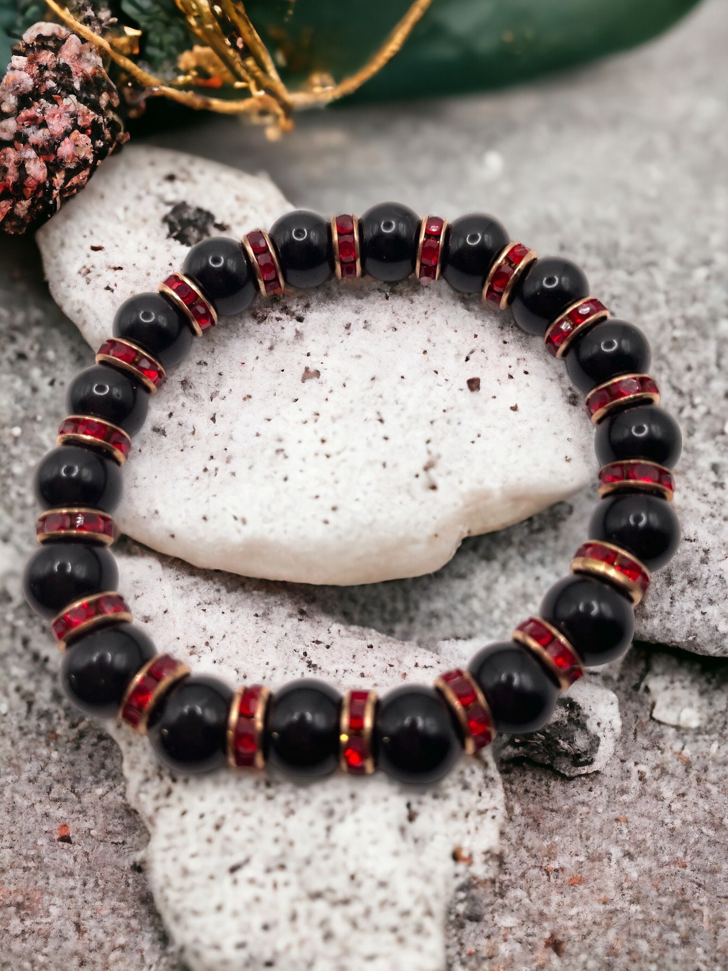Black and Red Beaded Bracelet-8mm, Valentine's Gift, Stretch Bracelet ...