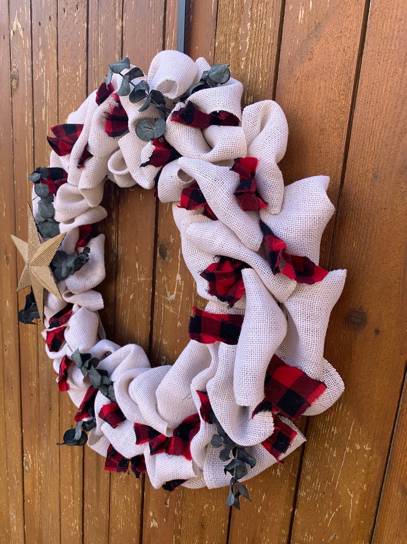 Burlap Shimmer Wreath, Buffalo Plaid Wreath, Star Wreath, Red Christmas ...