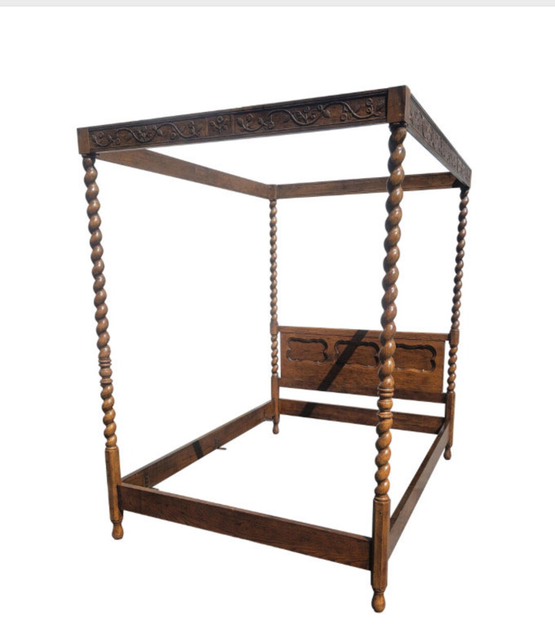 Vintage Carved Oak Canopy Barley Twist Posters Queen Size Bed - Etsy