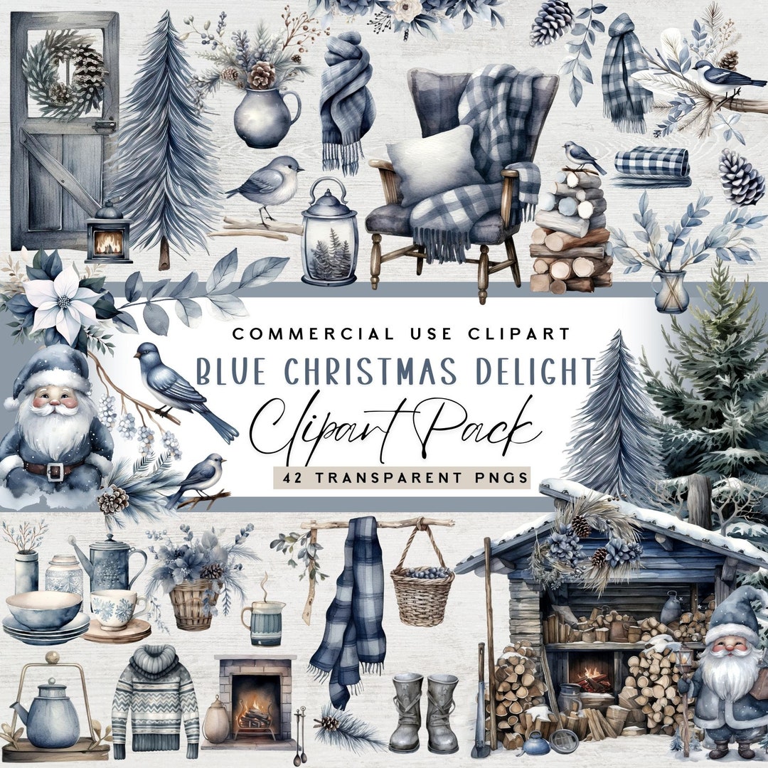 Blue Christmas Clipart, Watercolor Winter Clipart, Cozy Christmas, Pngs ...