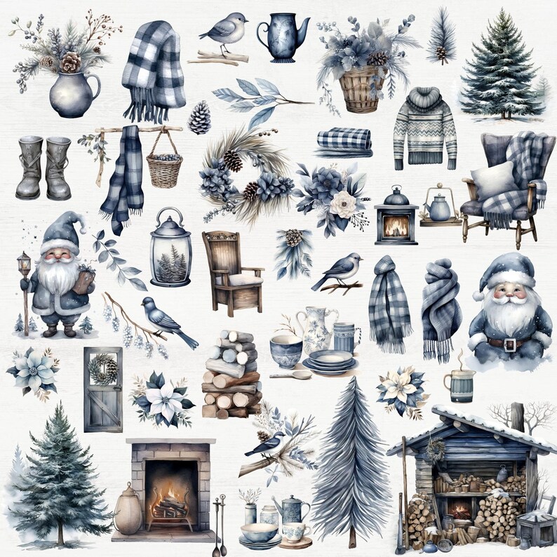Blue Christmas Clipart, Watercolor Winter Clipart, Cozy Christmas, Pngs ...