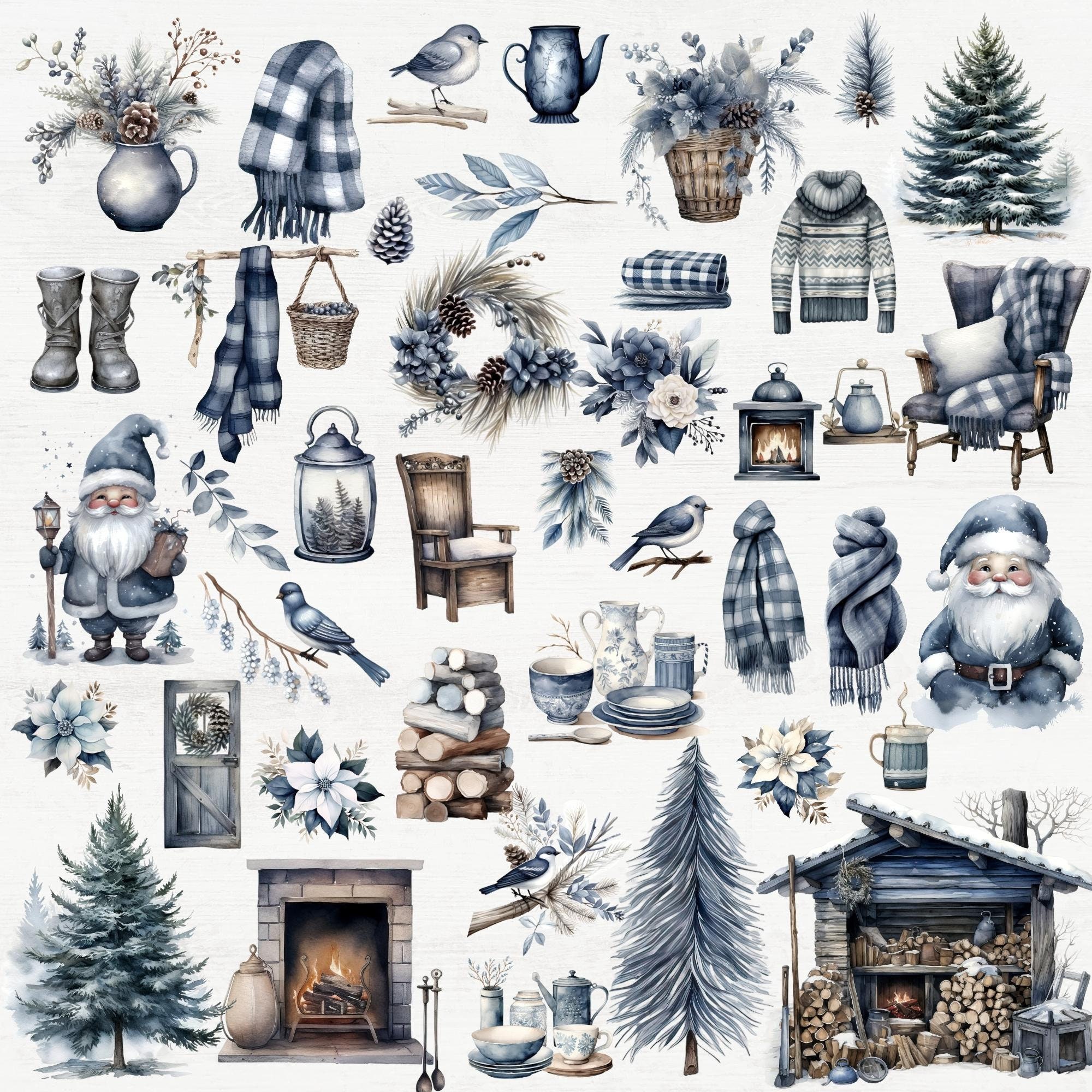 Blue Christmas Clipart, Watercolor Winter Clipart, Cozy Christmas, Pngs ...