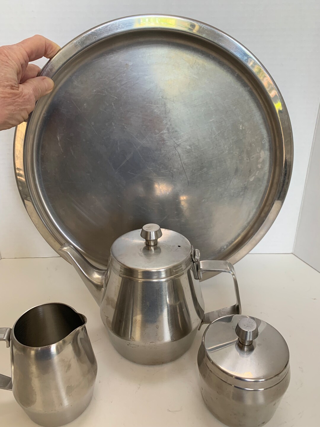 Vintage Stainless Steel Tea Set With Serving Tray, Tea Pot, Sugar Bowl ...