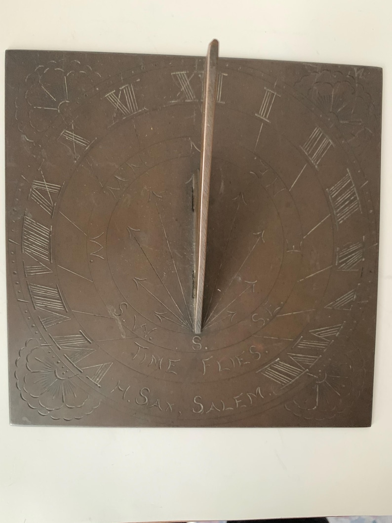 Antique Brass Horizontal Sundial; "time Flies"; Signed by H. Sax. Salem ...