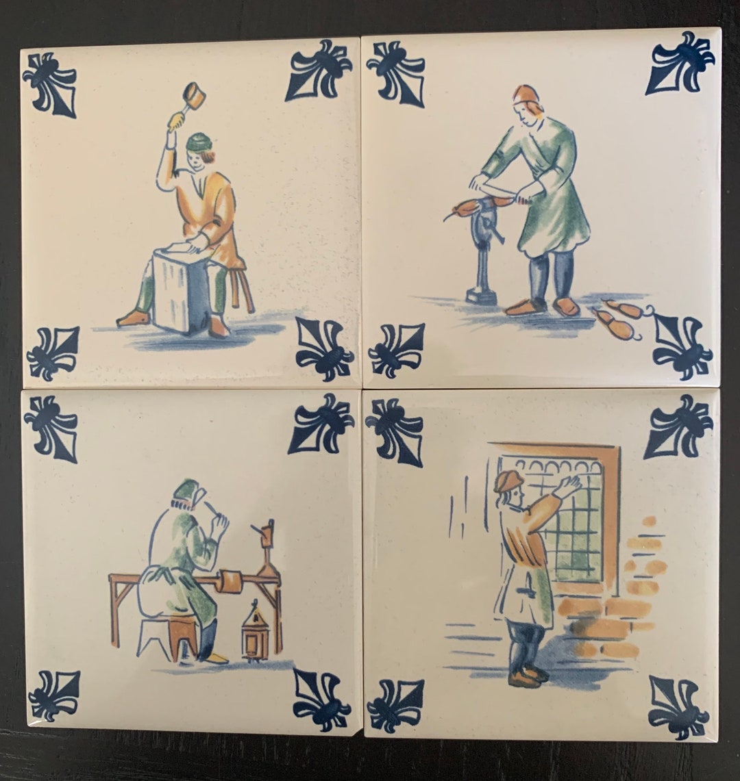 Vintage Set of 4 Delft Polychrome Tiles of Handicrafts. - Etsy
