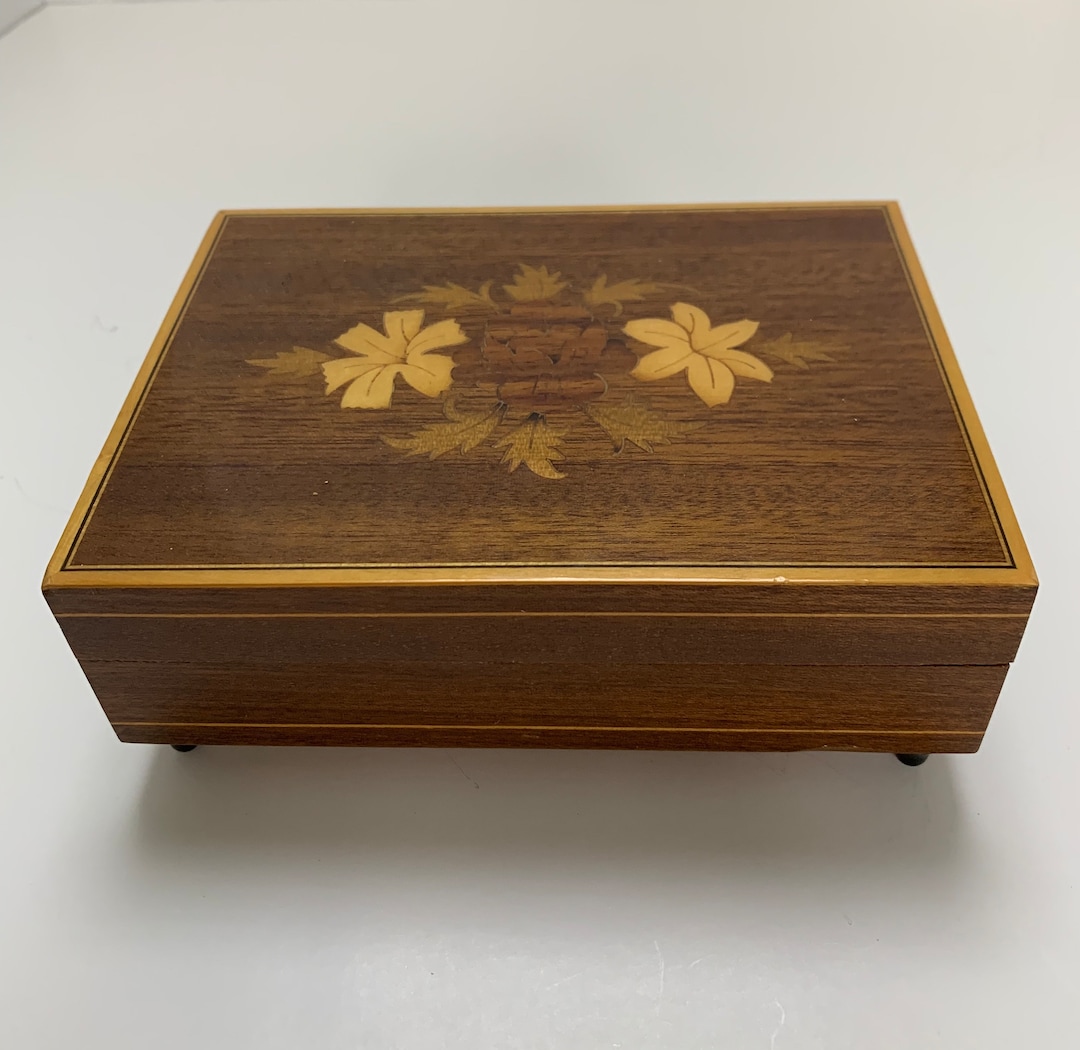 Vintage Lacquered Wood Jewelry Music Box With Inlaid Flowers - Etsy