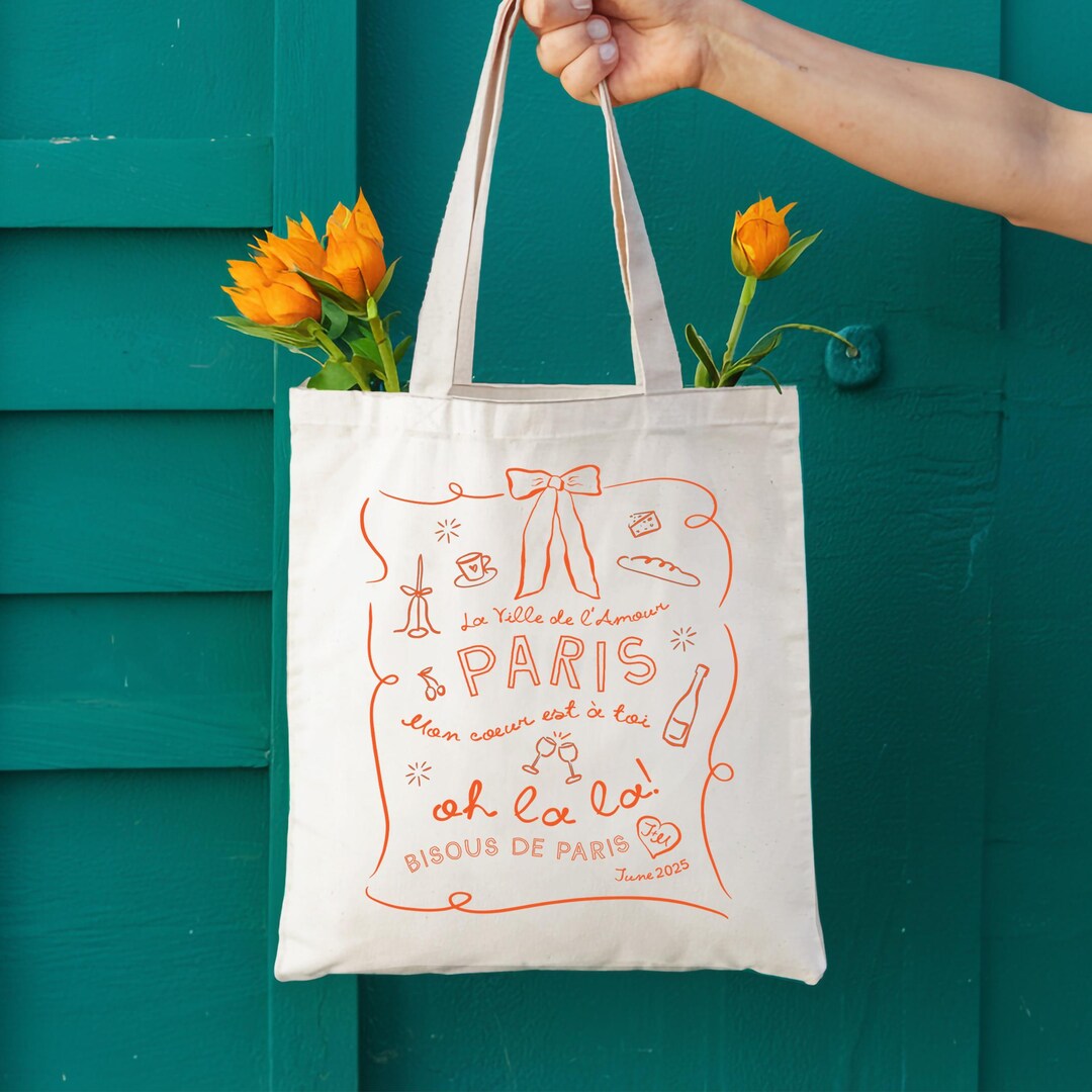 Custom Paris Tote Bag, French Icons Wedding French Market Tote, Summer ...