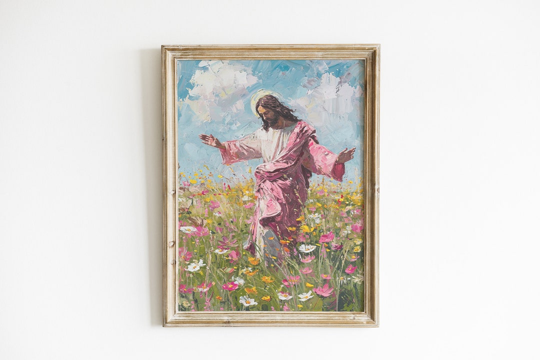 Jesus Christ in Flower Garden Watercolor Christian Oil Painting Art ...