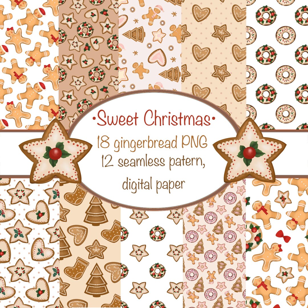 Christmas Gingerbread Digital Paper, Clipart Bakery, – 18 PNG & 12 ...